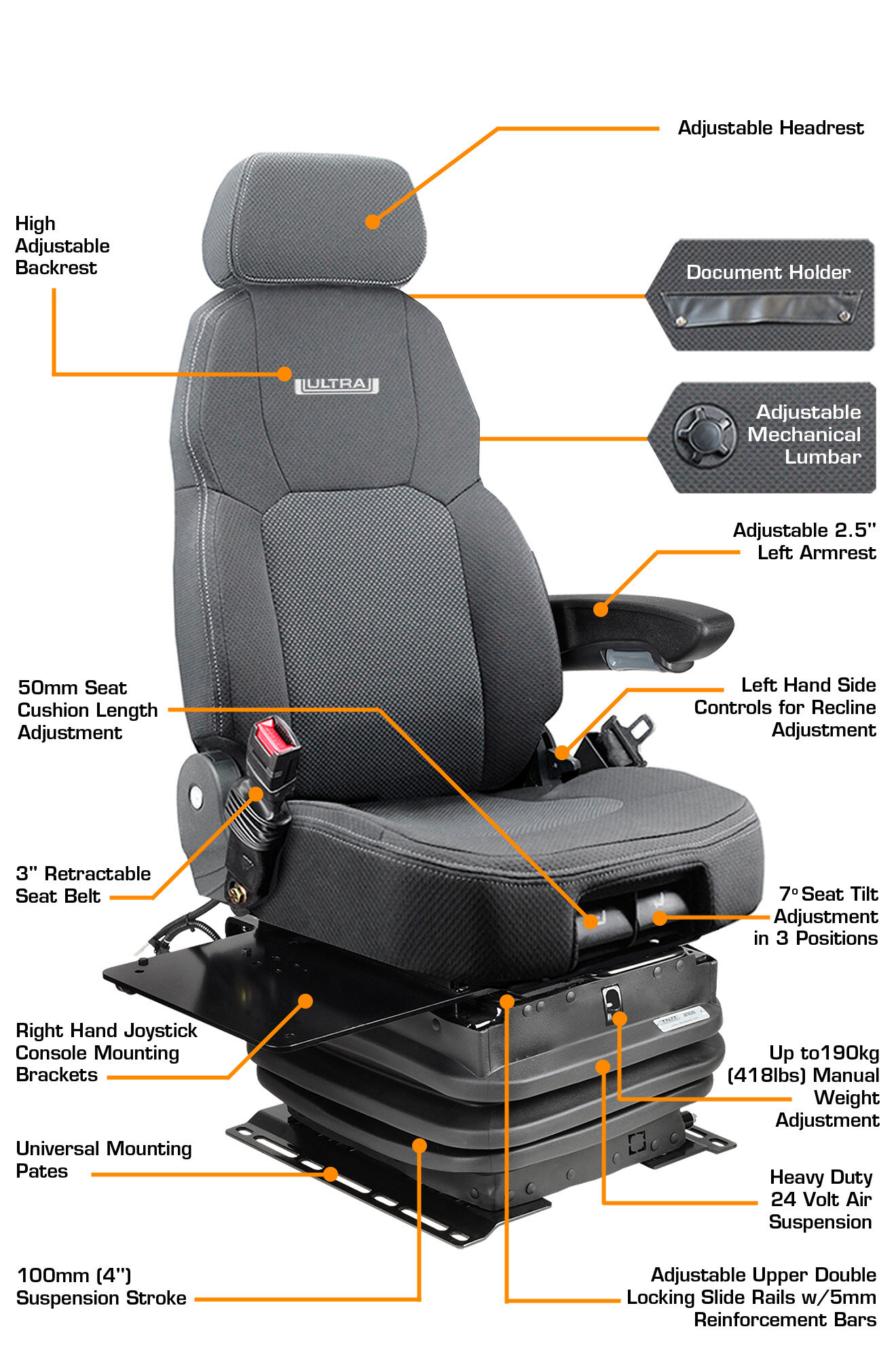 V878C KSU3 Komatsu Wheel Loader Air Suspension Seat with Double Dampers